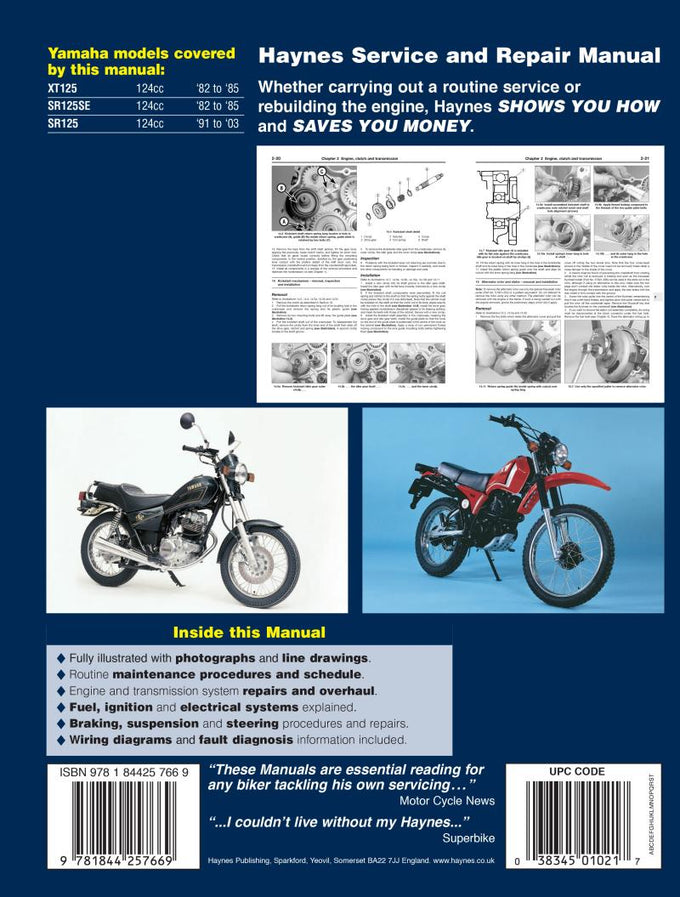 Yamaha XT & SR125 (82 - 03) Haynes Repair Manual – Haynes Manuals Australia